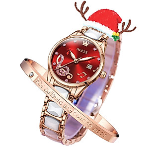 OLEVS Women's Watch Bracelet Designer Fashion Watch Ceramic Note Rose Gold Luxury 3ATM Date Waterproof Luminous Wine Red Dial Valentine's Day Present Quartz