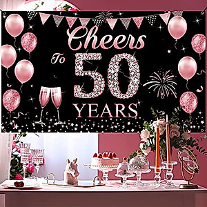 Happy 50th Birthday Decorations for Women, Cheers to 50 Years Backdrop Banner, Rose Gold 50th Birthday Party Yard Banner, 50th Wedding Anniversary Decoration Banner for Outdoor Indoor, Vicycaty