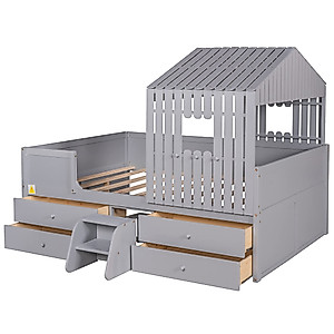 Bellemave Full House Beds with Storage Drawers for Kids, Wood Playhouse Tent Bed Frame 4 and Ladder Children Girls Boys Teens, Size, Gray Gray House Bed