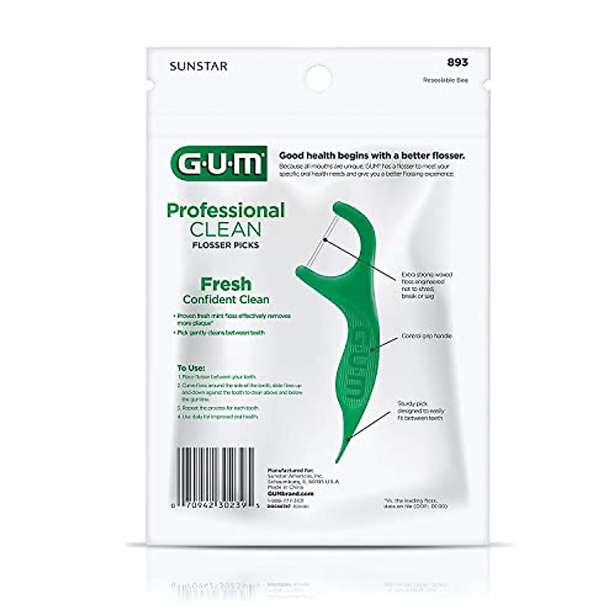 GUM Professional Clean Flossers, Fresh Mint, 90 Ct (Pack of 3)
