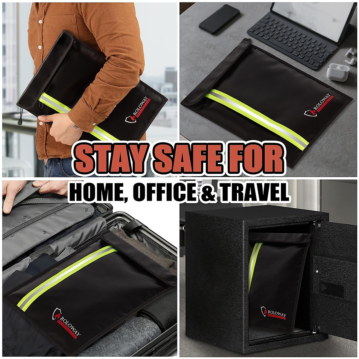 ROLOWAY Fireproof Document Bag (15.5 x 11.5 inch) with 2 Pockets and 5200℉ Aluminum Foil Layer, Fireproof Bag for Document Safe Fireproof Waterproof Document Bag, Fireproof Money Bag (Black)