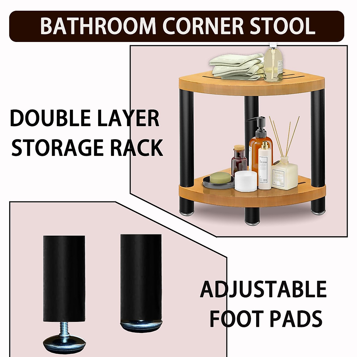 Corner Shower Stool with Storage Shelf,Waterproof Bamboo Corner Shower Seat for Bathroom,Sturdy and Non-Slip Shower Bench for Shaving Legs,Height Adjustable Metal Chair legs with Anti Slip Pad (Brown)