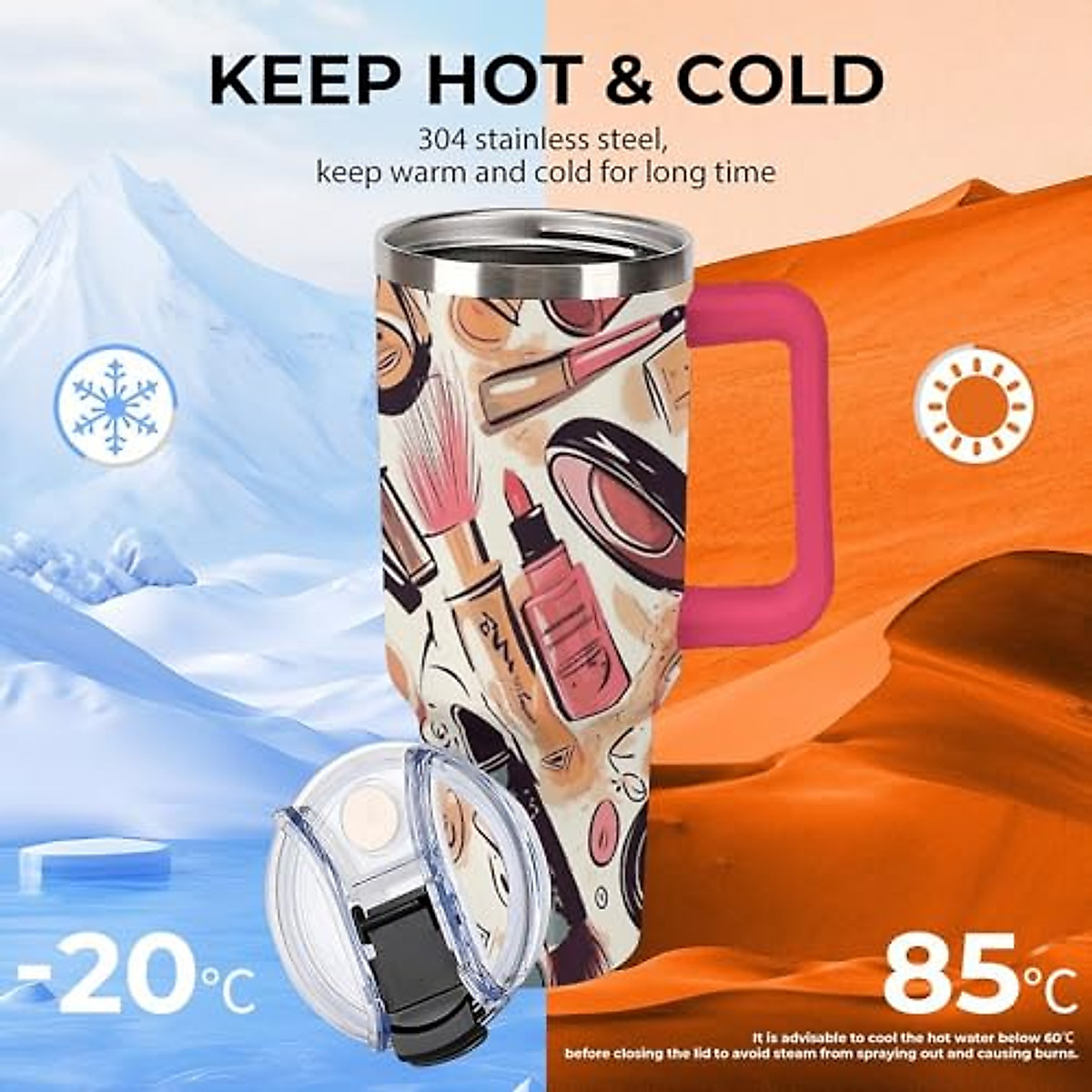 40 Oz Vacuum Tumbler with Light Rose Red Handle Leakproof Insulated Tumbler Cosmetic And Makeup Theme Pattern Stainless Steel Travel Mug with Lid And Straw Coffee Cup Cute Water Bottles Cup Holder Fri