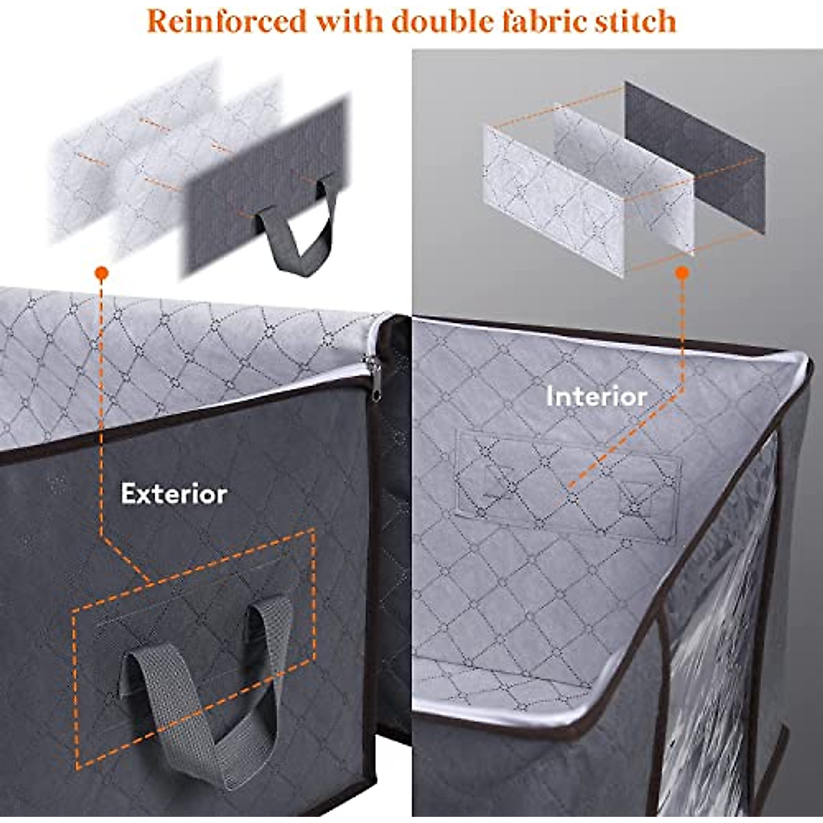 Clothes Storage Bins, Foldable Blanket Storage Bags with Lids & Handle, Closet or Underbed Organizer Containers, Grey, 90L, 3 PCS