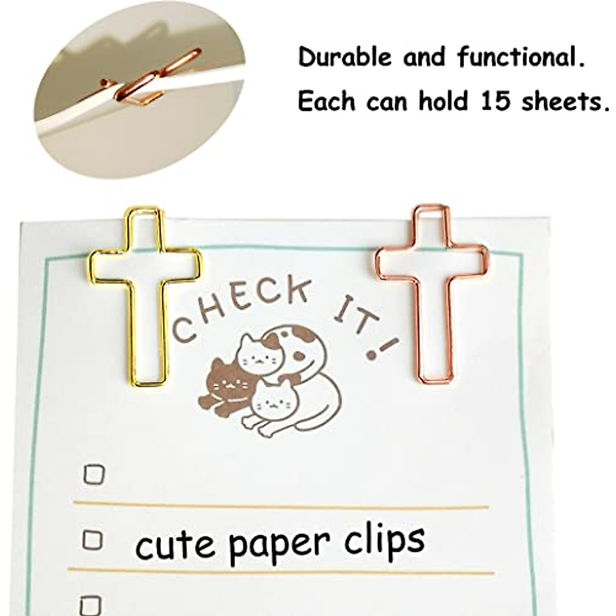 100 PCS Cute Paper Clips Gold and Rose Gold Colors, Cross Shaped Paper Clips Bookmarks Bible Study Supplies, Christian Journaling Supplies for Women Men Christian