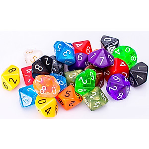 25 Count Assorted Pack of 10 Sided Dice - Multi Colored Assortment of D10 Polyhedral Dice
