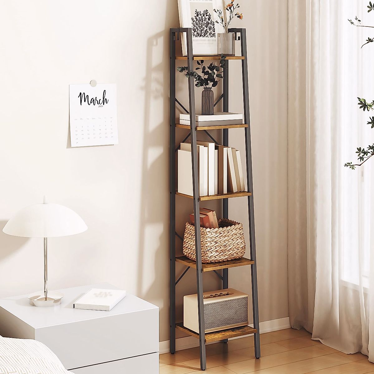 Hzuaneri Ladder Shelf, Bookshelf Bookcase, Freestanding Corner Storage Shelve with 2 Hooks for Home Office, Living Room, Kitchen, Bedroom, Industrial, 5-Tier Rustic Brown BC03201B