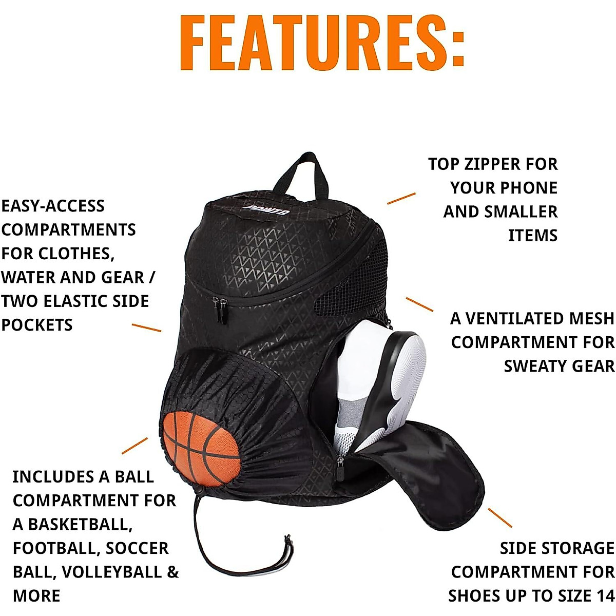 Point 3 Phoenix Suns Road Trip 2.0 Backpack Basketball Backpack with Drawstrong Closure | Ventilated Mesh Shoe Pocket Compartment | Black