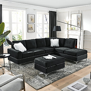 Melpomene L Shaped Sectional Couches Reversible for Small Living Room, Sofa Set in Black Smooth Velvet with Storage Ottoman, Reversible Chaise and Chrome Legs