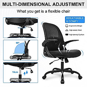 Primy Office Chair Ergonomic Desk Chair with Adjustable Lumbar Support and Height, Swivel Breathable Desk Mesh Computer Chair with Flip up Armrests for Conference Room (Black)