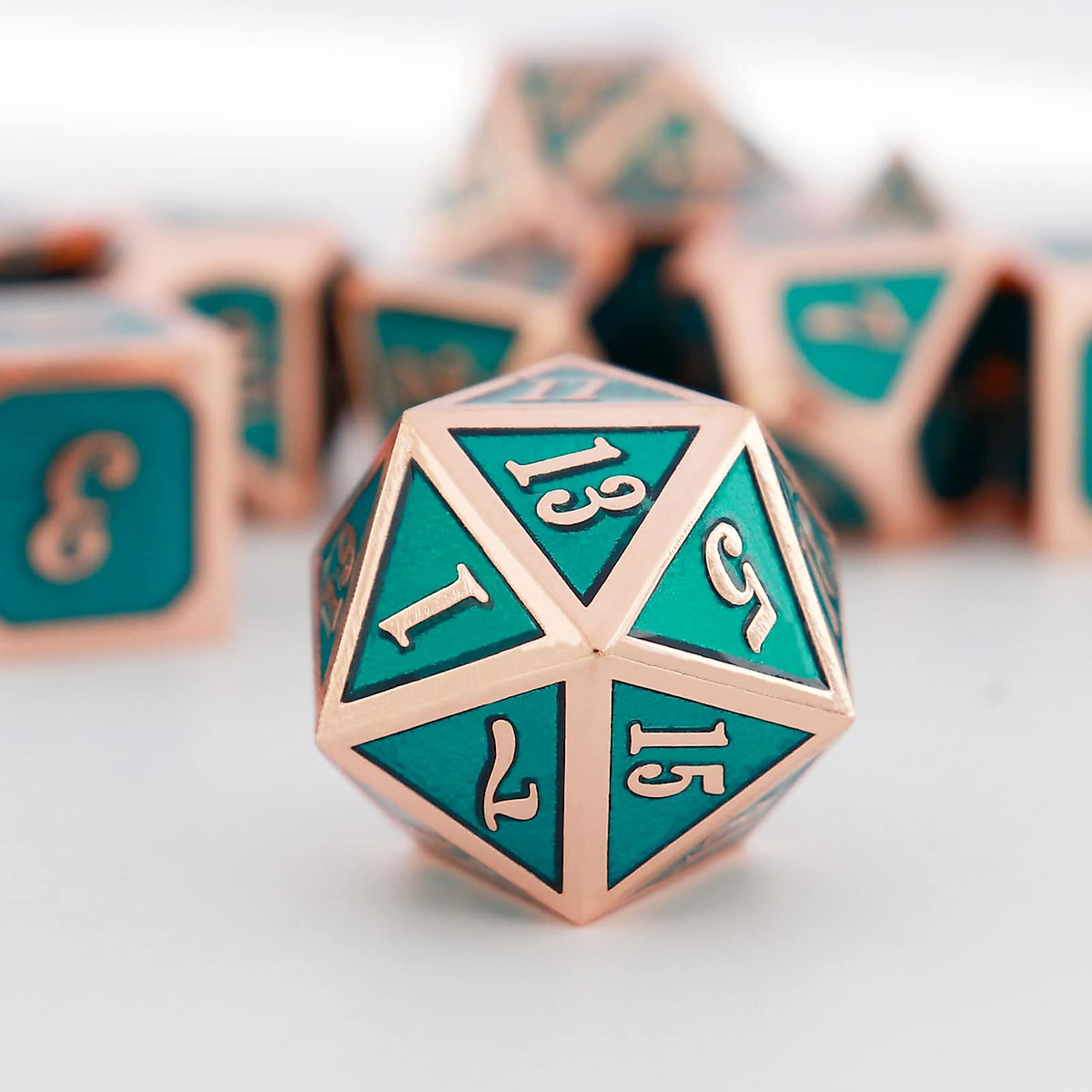 PJOY Copper Teal 11PCS Metal DND Dice Set Extra D6 D20 Dice for Dungeons and Dragons 5E Gifts