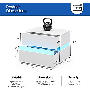 IKIFLY Modern LED End Table with 2 Drawers, High Glossy Nightstand with Storage Cabinet, Bedside for Bedroom Furniture