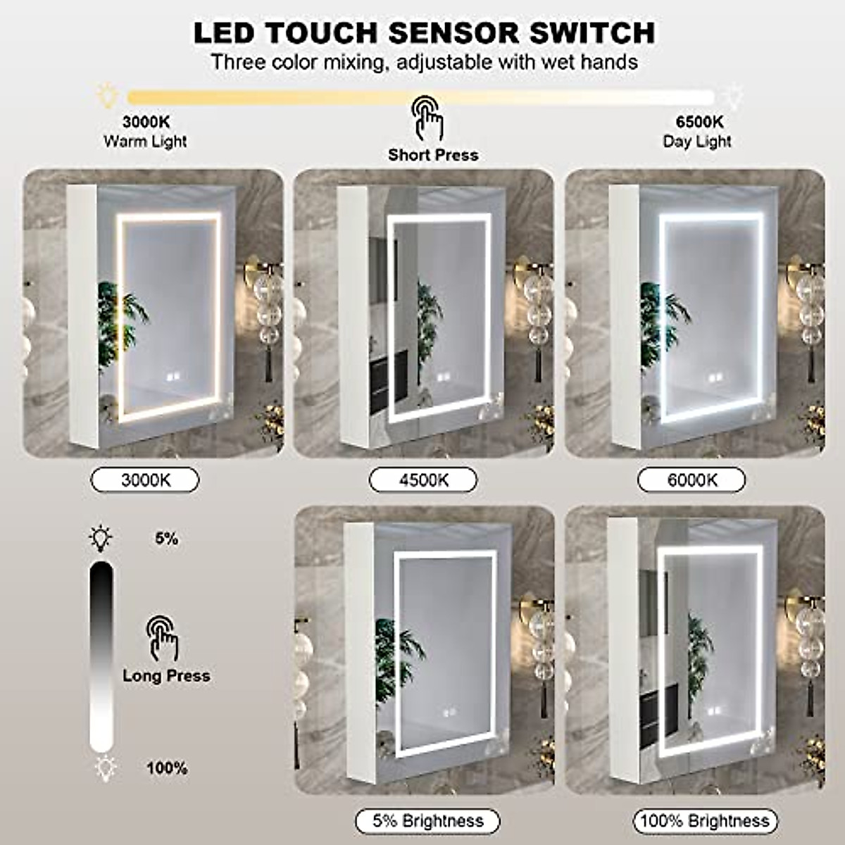 Mepplzian LED Bathroom Mirrored Medicine Cabinet Lighted Medicine Cabinet Wall Mounted Mirror Cabinet with 3 Storage Shelf Medicine Cabinet with Led Lights and Defogger,US Plug Adapter,23.6x29.9Inch