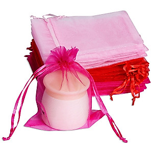 choyaxo 150PCS Organza Bags Satin Drawstring Halloween Christmas Valentine's Day Candy Jewelry Bags for Wedding Party Birthday 3.54x4.33inch/ 9x11cm (red-rose red-pink)