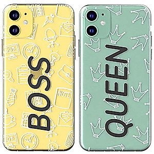 Toik Matching Couple Cases for Apple iPhone 11 Pro Xs Max Xr 10 X 8 Plus 7 6s 5s SE Cover Boyfriend Clear Lightweight Queen Basic Pattern Cute Protective Soulmate Boss Silicone Anniversary Simple