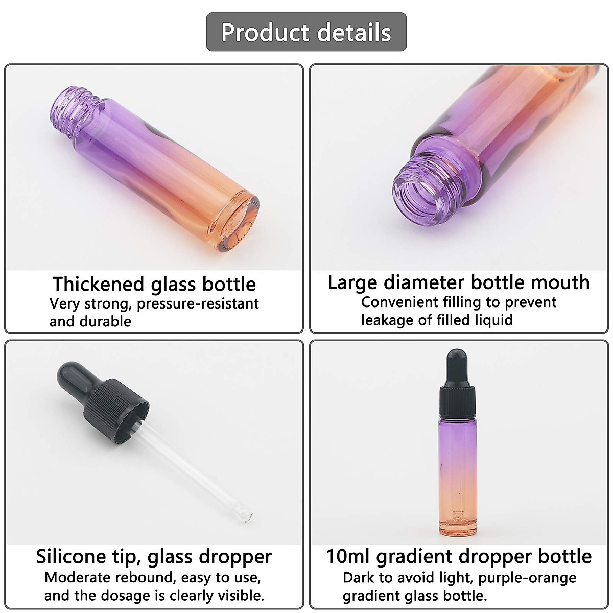 Kesell 8 Pack Dropper Bottles, 10ml Essential Oil Glass Bottles Purple Orange Gradient Color Reusable Portable Small Glass Perfume Bottles