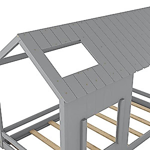 VilroCaz Playhouse Design Montessori Floor Bed Twin Size Kids Bed, Wood House Bed Tent Bed Platform Bed with Roof and Window for Kids Girls Boys, Strong Sturdy Wood Slats Support
