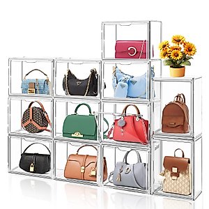 10Pack Clear Stackable Plastic Storage Bins with Magnetic Attraction Lid, Dustproof Book & Cosmetic Display Cases, Large Figures Collectibles Showcase, Shoe Box, Bag Organizer