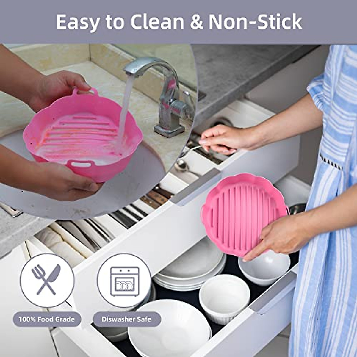 CaeyBrye Silicone Air Fryer Liner - 7.5inch Reusable Air Fryer Silicone Basket Heat Resistant Easy Cleaning Non-stick Air fryers Silicone Pot for Air fryer Oven Accessories(Pink)