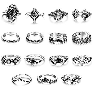 Hithop 15pcs Vintage Women Mid Ring Set Flower Crown Rhinestone Joint Knuckle Nail Ring Set