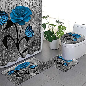 HOOHAA Rose Flower with Butterfly Shower Curtain Sets with Rugs, Toilet Lid Cover and Bath Mat Simple Floral Pattern Modern Bathroom Home Decor Pack of 4 (Blue)