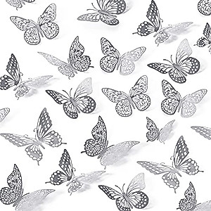 SAOROPEB 3D Butterfly Wall Decor, 48 Pcs 4 Styles 3 Sizes, Removable Metallic Wall Sticker Room Mural Decals for Kids Bedroom Nursery Classroom Party Decoration Wedding Decor DIY Gift (Sliver)