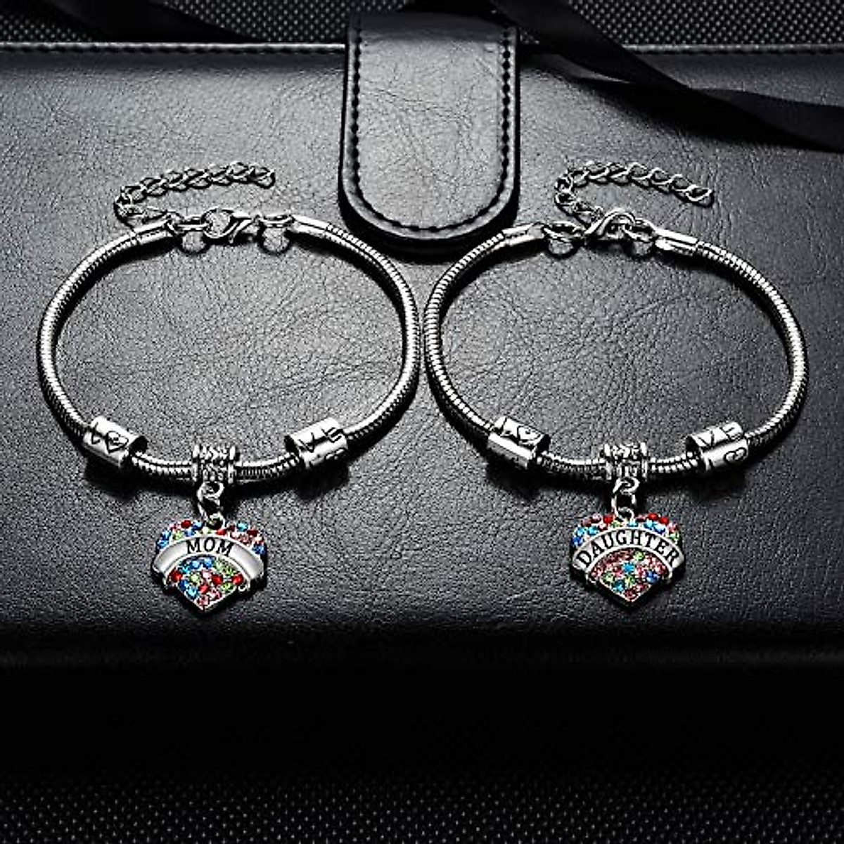 YEEQIN Set of 2 Crystal Heart Mom Daughter Charm Bracelet Jewelry Gift for Mother and Daughter (Multicolor)