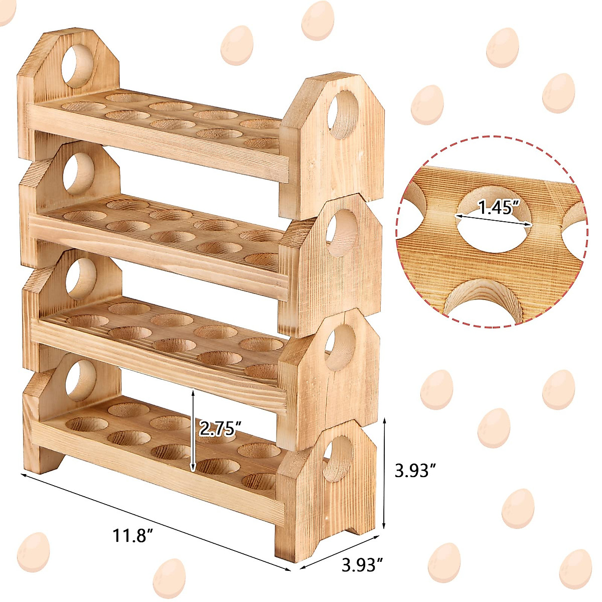 Wooden Egg Holder Countertop, 4 Egg Storage Trays Stackable for 40 Fresh Eggs, Egg Tray Organizer Rustic Kitchen Decoration, Egg Container Rack for Kitchen Organization