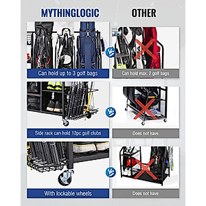 Mythinglogic 3 Golf Bags Storage Organizer-Extra Large Size Fits 3 Full Size Golf Bags,Golf Organizer for Golf Equipment and Accessories, Golf Club Storage Rack with Lockable Wheels