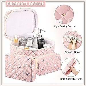 Paterr 3 Pieces Cotton Quilted Makeup Bag Set Coquette Cosmetic Bag Aesthetic Travel Toiletry pouch Cute Pouch Kawaii Aesthetic for Women(Pink,Pink Rabbit)