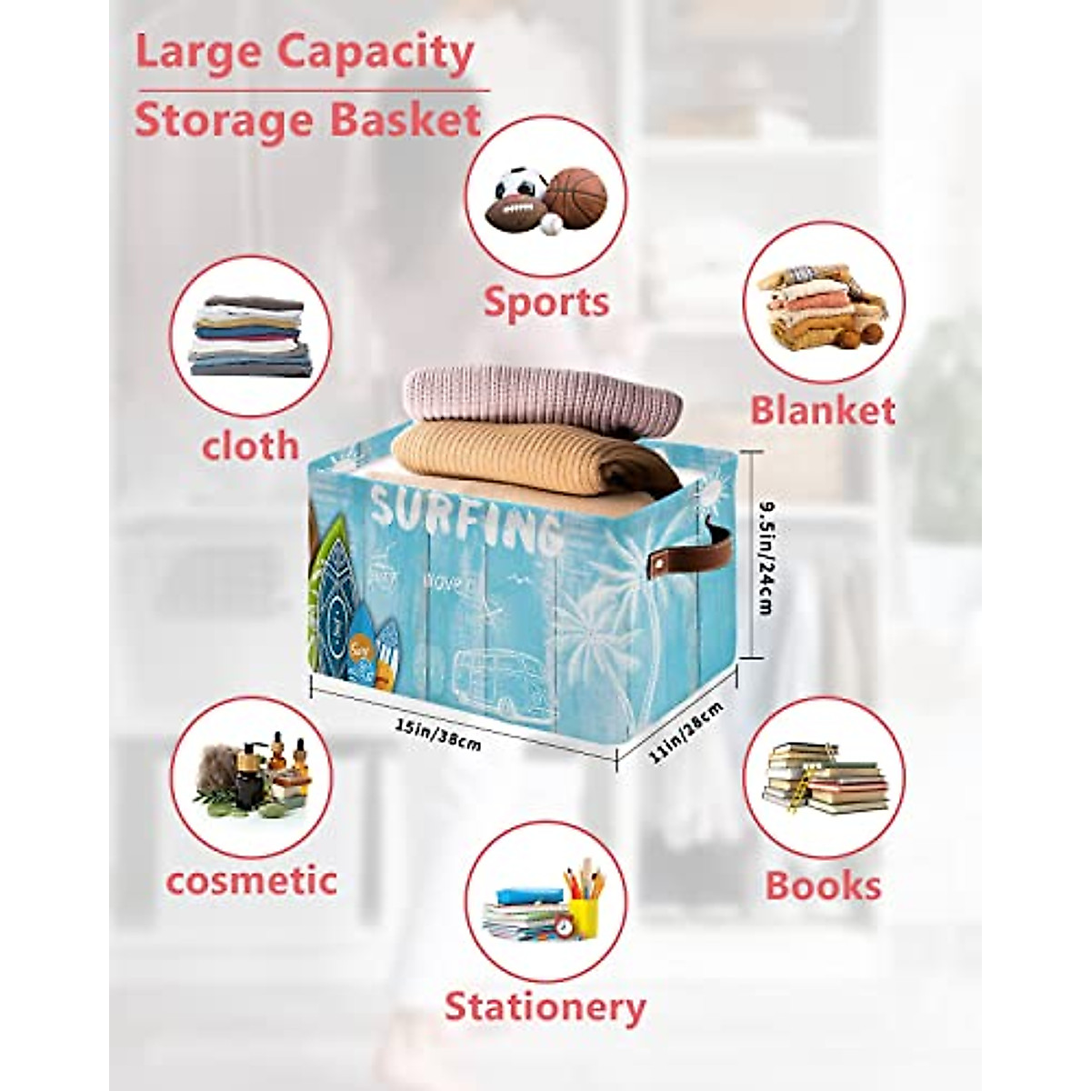 Storage Basket Summer Surfing Storage Bins Decorative Surfboard Tropical Palm Leaf Wood Grain Foldable Baskets for Toys Decorative Baskets for Closet Nursery