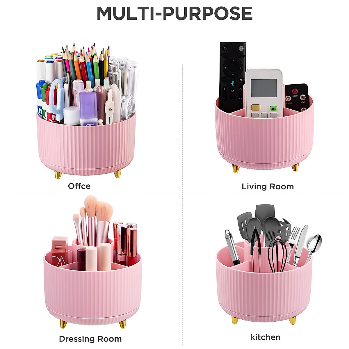 HBlife Pencil Pen Holder for Desk, 5 Slots 360° Degree Rotating Desk Organizers and Accessories, Desktop Storage Stationery Supplies Cute Pencil Cup Pot for Office, School, Home, Art Supply, Pink