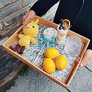 I-lan 14 Inch Rectangular Rattan Woven Tray Basket with Light Blue MOP Wooden Base and Handles, Boho Wicker Coffee Table Serving Tray Décor with 2 Inch Wall, Handmade Display Basket for Dining Room