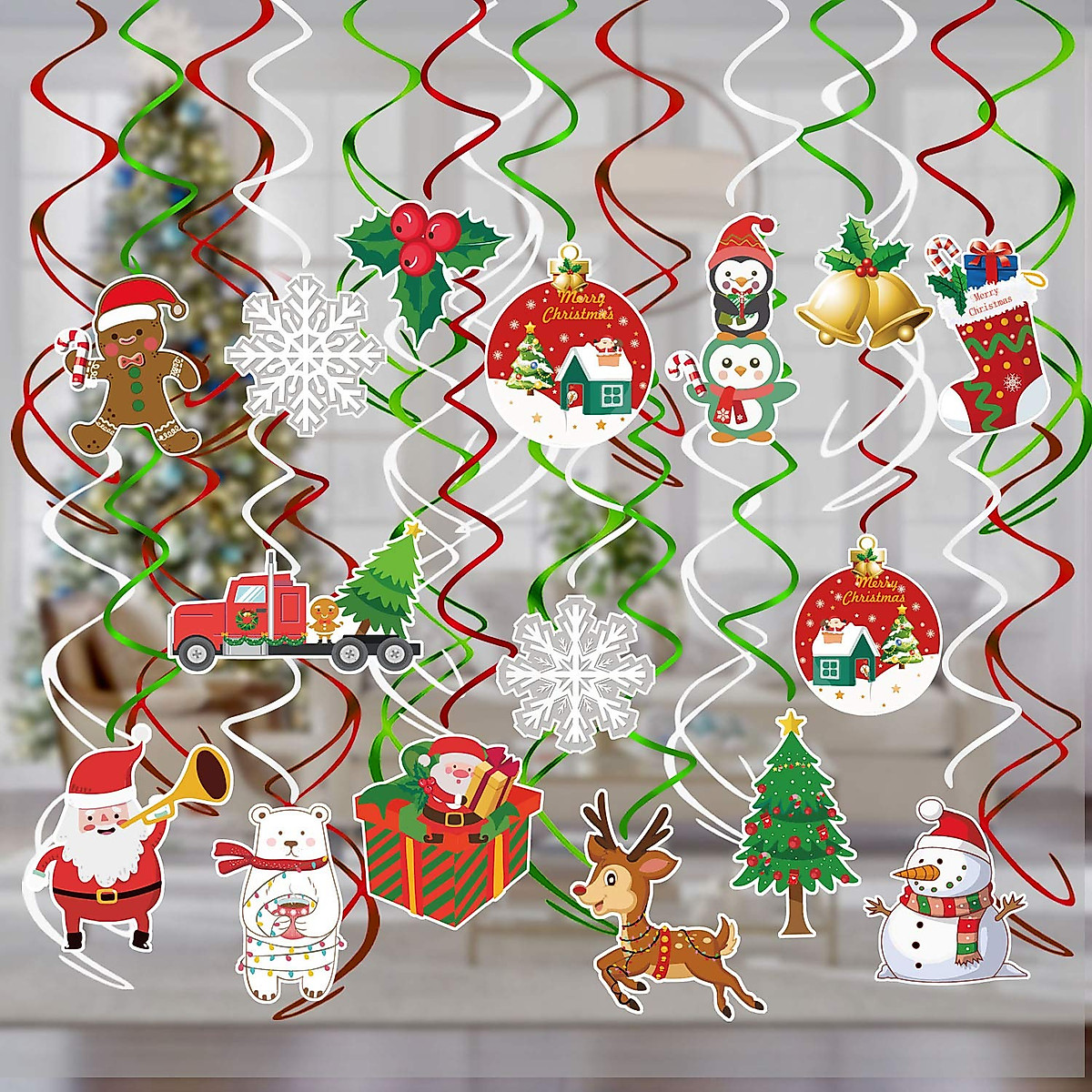 HOWAF Christmas Hanging Swirl Decorations, 30pcs Snowman Snowflake Ceiling Hanging Decor for Christmas Party Supplies Xmas Decor