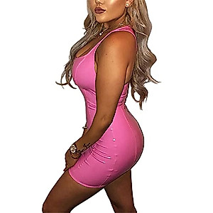 Vohawsa Womens Sexy U Neck Sleeveless Latex Mini Dress Faux Leather Bodycon Sexy Club Dresses for Women (Pink, M)