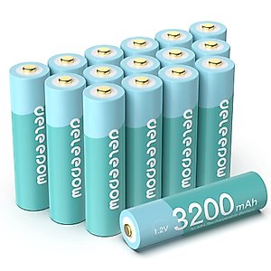 Deleepow Rechargeable AA Batteries NiMH 3200mAh 1.2V Double A Batteries with Gold Plated Pole 1200 Cycles Pack of 16