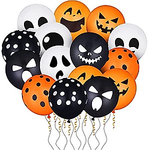 90 Pieces Halloween Balloons 12 Inches Halloween Pink Orange Black White Latex Balloons Skull, Bats, Boo Ghost Latex Balloons for Halloween Party Decoration Supplies (Classic Style)