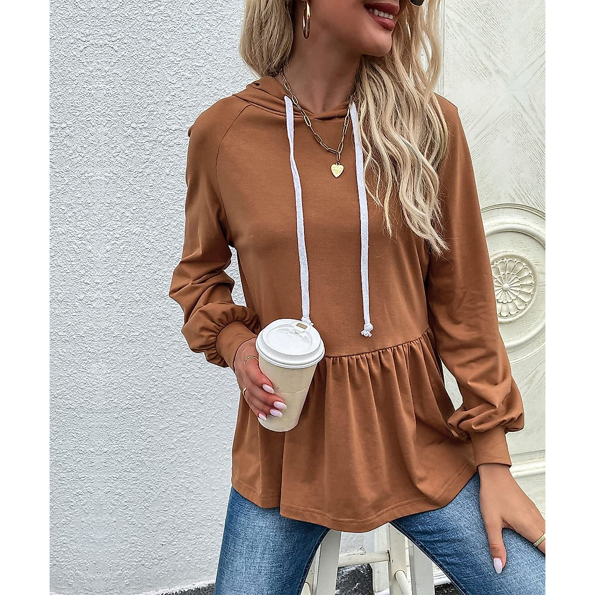 YOXUA Womens Casual Hoodies Peplum Tops, Long Sleeve Lightweight Drawstring Sweatshirt Jacket Pullover Shirts Blouse Coffee