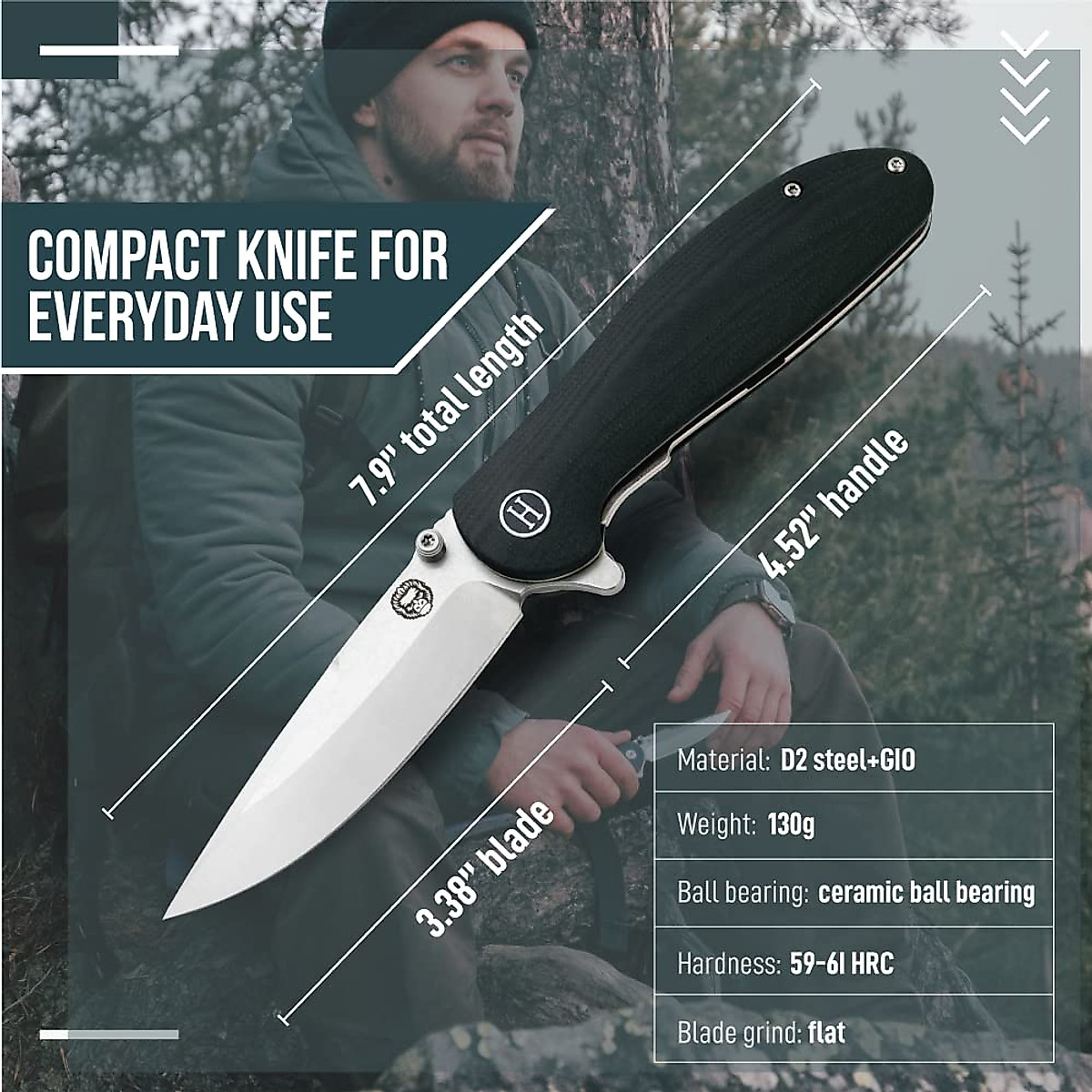 Holtzman's Gorilla Survival 'Straightback' Folding Knife featuring D2 Steel Blade and G10 Tactical Handle in Gift Box Set (Silver+Black)