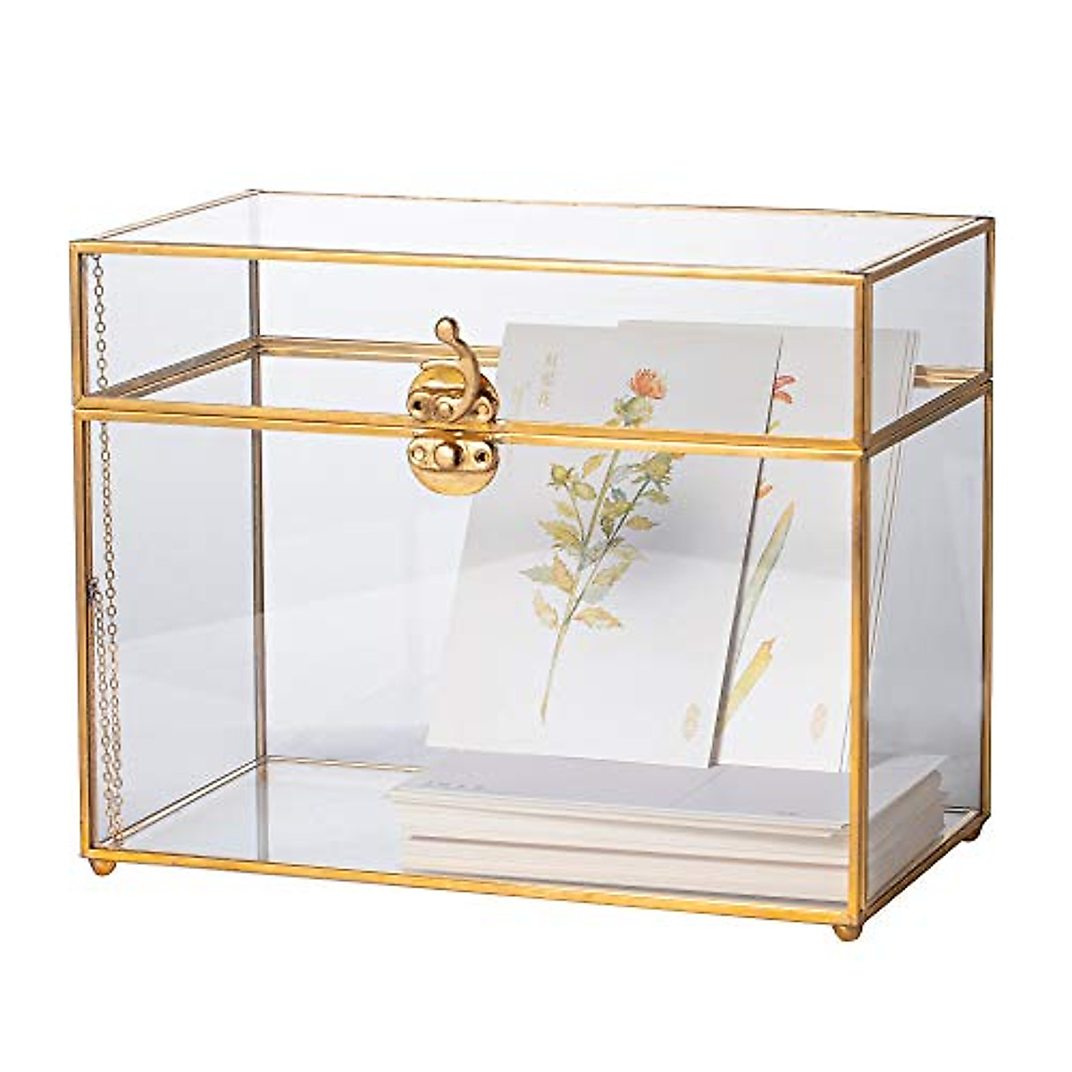 NCYP Gold Glass Card Box with Lid for Wedding Reception (9.9x5.6x7.7 Inches) Handmade Rectangle Decorative Storage Box for Party Wishwell Keepsake, Vintage Terrarium (Glass Box Only) (No Slot)