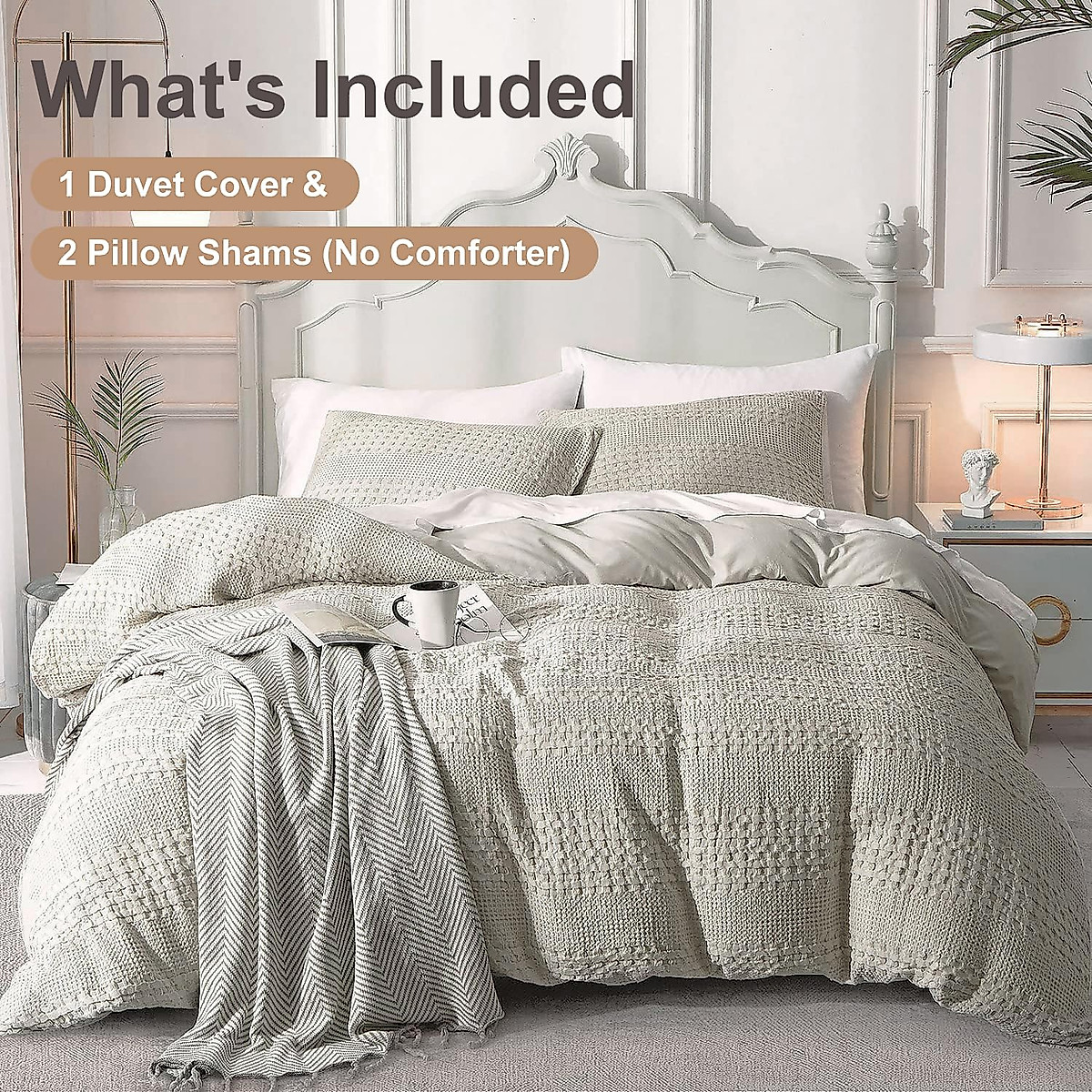 Ivellow Duvet Cover King Waffle Weave Duvet Cover Set 100% Cotton Textured Khaki Duvet Cover Cozy Soft Breathable King Duvet Cover Skin-Friendly Luxury Comforter Cover Bedding Set All Season 104"x90"