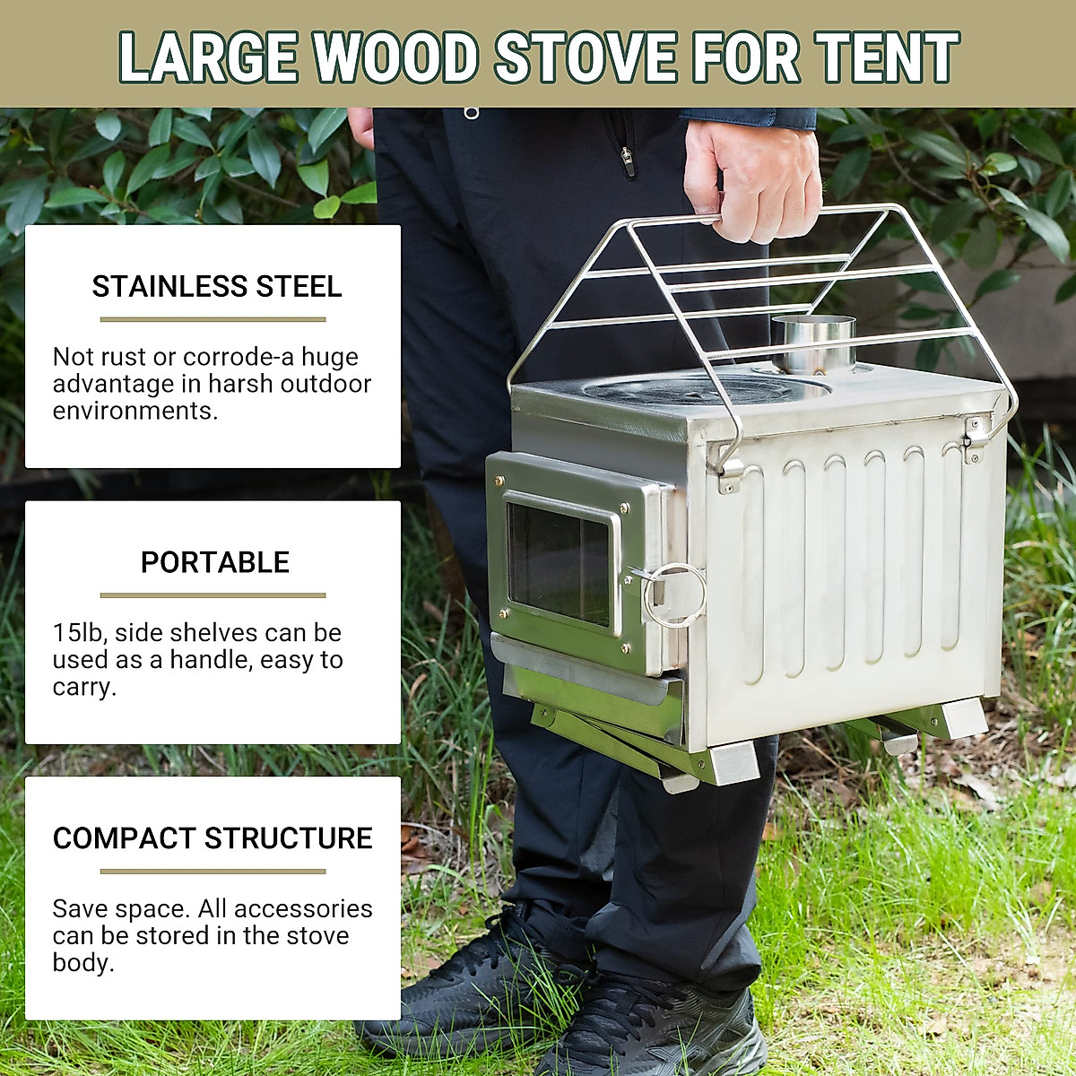 Fltom Camping Wood Stove, Portable Hot Tent Stove with Sectional Chimney Pipes, 304 Stainless Steel Wood Burning Stove for Tent Shelter and Cooking Heating