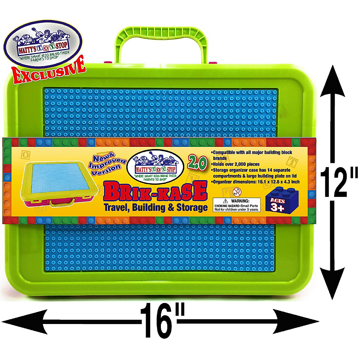Matty's Toy Stop Brik-Kase 2.0 Travel, Building, Storage & Organizer Container Case with Building Plate Lid (Holds Approx 2000pcs) - Compatible with All Major Brands (Pink, Lime & Aqua)