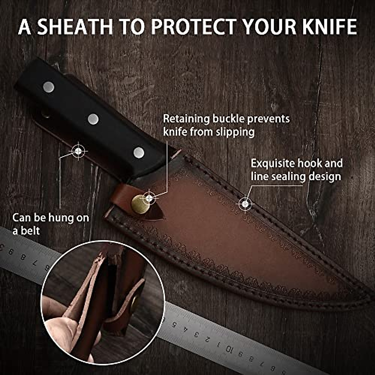 MiOYOOW Leather Knife Sheath, 8" Knife Head Sheath Kitchen Knife Protective Scabbard with Belt Loop for Camping BBQ Hunting