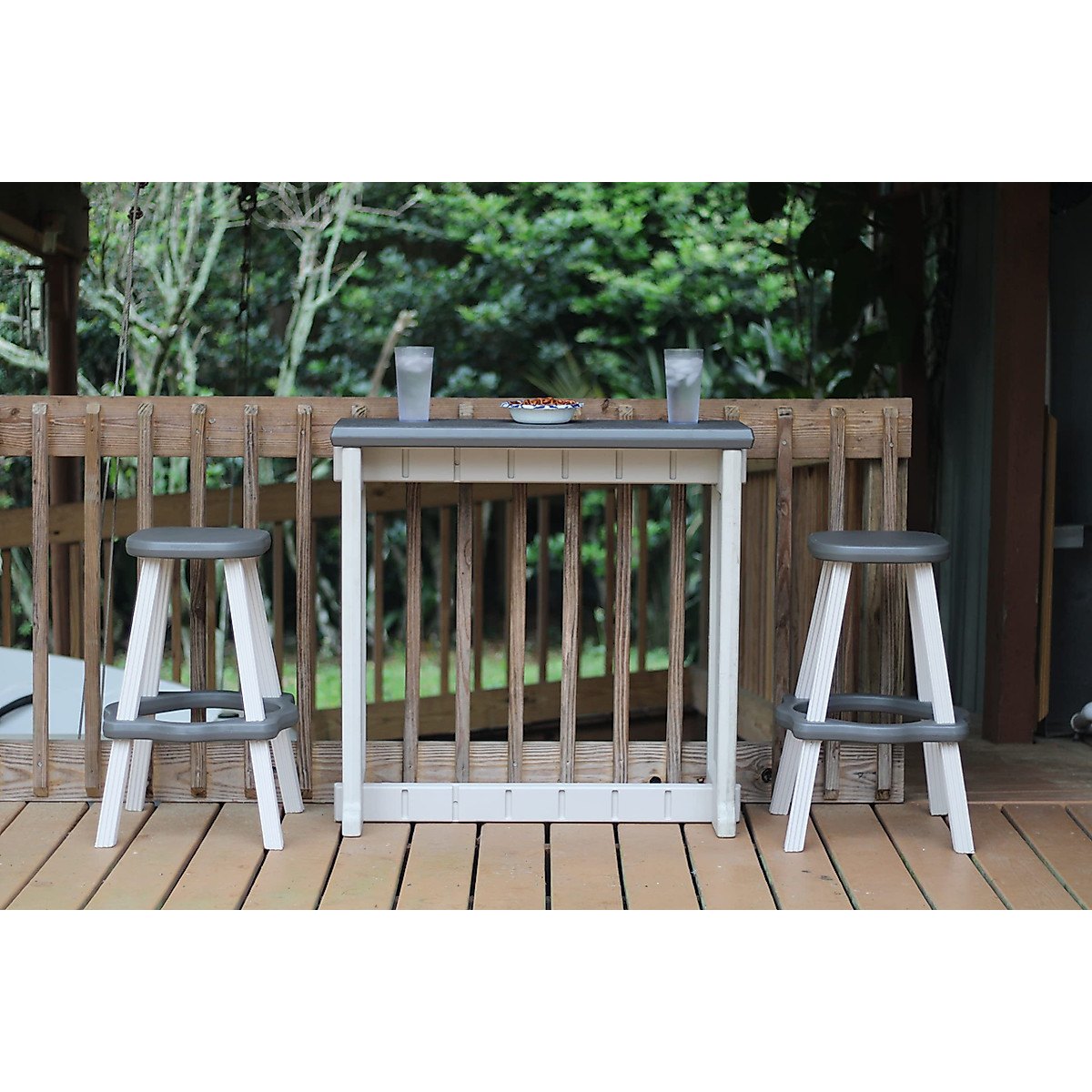 Leisure Accents Single Bar Set Includes 2 Barstools Deep Grey Top & Warm Grey Base Ideal for Patio Hot Tub Area Backyard Durable WeatherResistant Design Easy Nohardware Assembly Proudly Made in USA