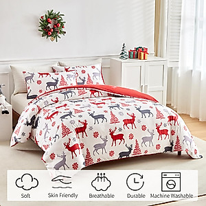 Rvciby Christmas Reindeer Duvet Cover Full Size,Soft and Breathable Microfiber Xmas Trees Pattern Printed Bedding Set,3 Pieces,1 Duvet Cover with Zipper Closure & Corner Ties and 2 Pillow Shams