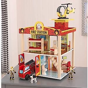 KidKraft Wooden Fire Station Set for 360 Degree Play - Wooden Construction, Working Garage Doors, Bendable Figures, Young Children Toy, Comes with Instructions, Scree Free Toy, Gift for Ages 3+
