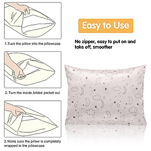 Winmany 2 Pack Toddler Pillow Cases Baby Silk Satin Pillowcases 49 x 36cm Cot Bed Envelope Pillow Cover kids Soft Travel Pillow Pair Cases for Boys Girls Machine Washable (Beige Cloud Moon)