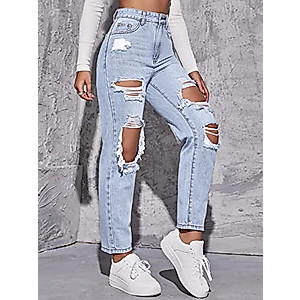 MakeMeChic Women's Ripped Mom Jeans High Waisted Distressed Denim Pants Light Wash M
