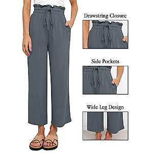 MAVIS LAVEN Women's Linen Pants High Waisted Wide Leg Drawstring Casual Loose Trousers with Pockets,Dark Gray,Medium